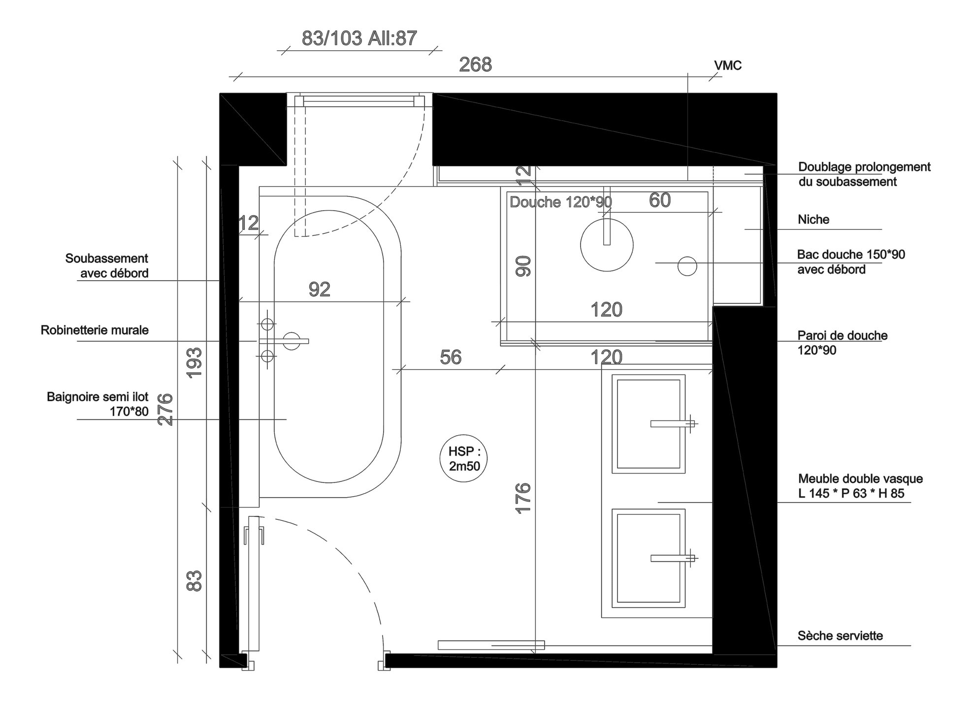 Plan Salle de bain avec baignoire murale et douche 7m²
